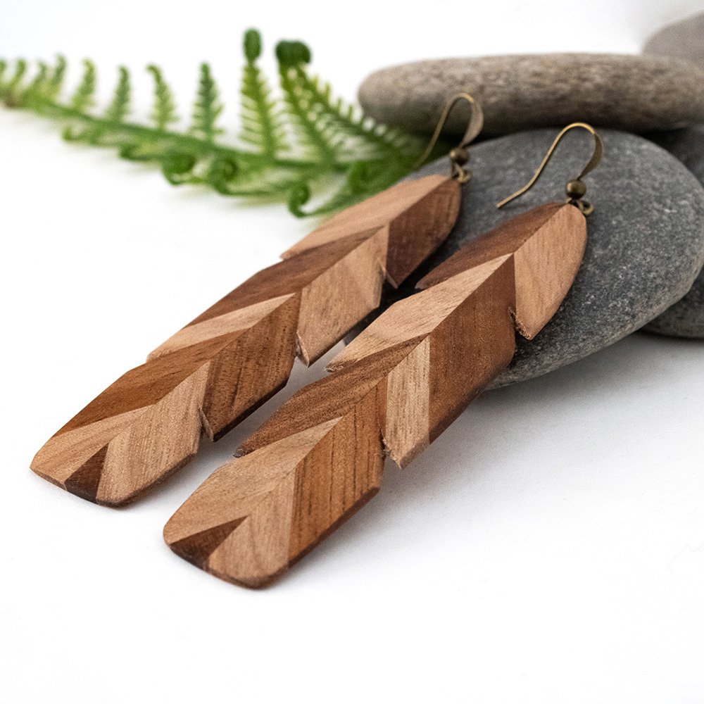 Wooden Ruru Feather Earrings - Jewellery at The Vault NZ - NZ